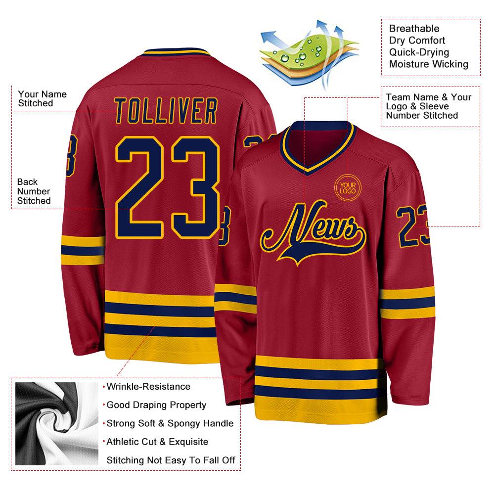 Custom Maroon Navy-Gold Hockey Jersey Discount