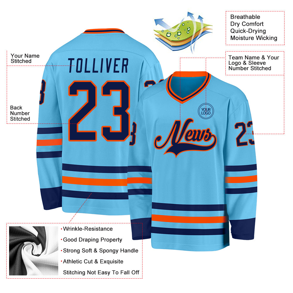 Custom Sky Blue Navy-Orange Hockey Jersey Discount