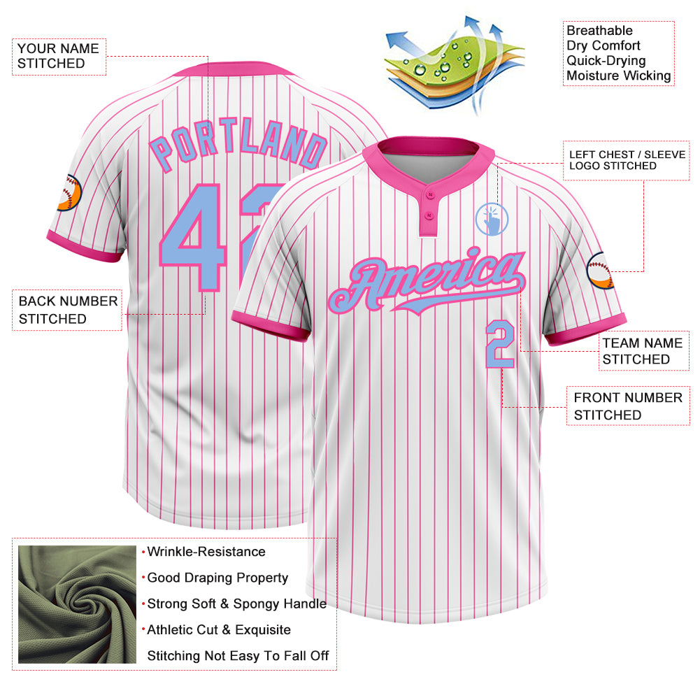 Custom White Pink Pinstripe Light Blue Two-Button Unisex Softball ...