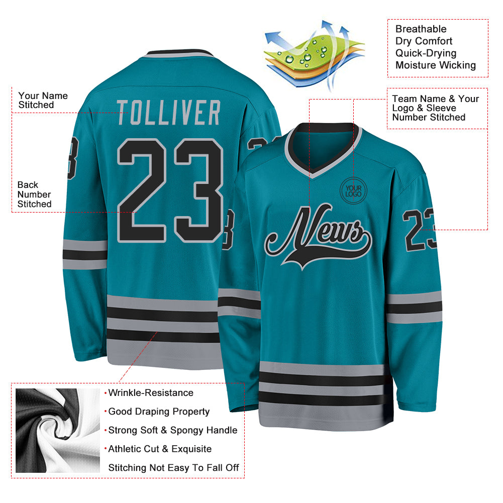 Custom Teal Black-Gray Hockey Jersey Discount