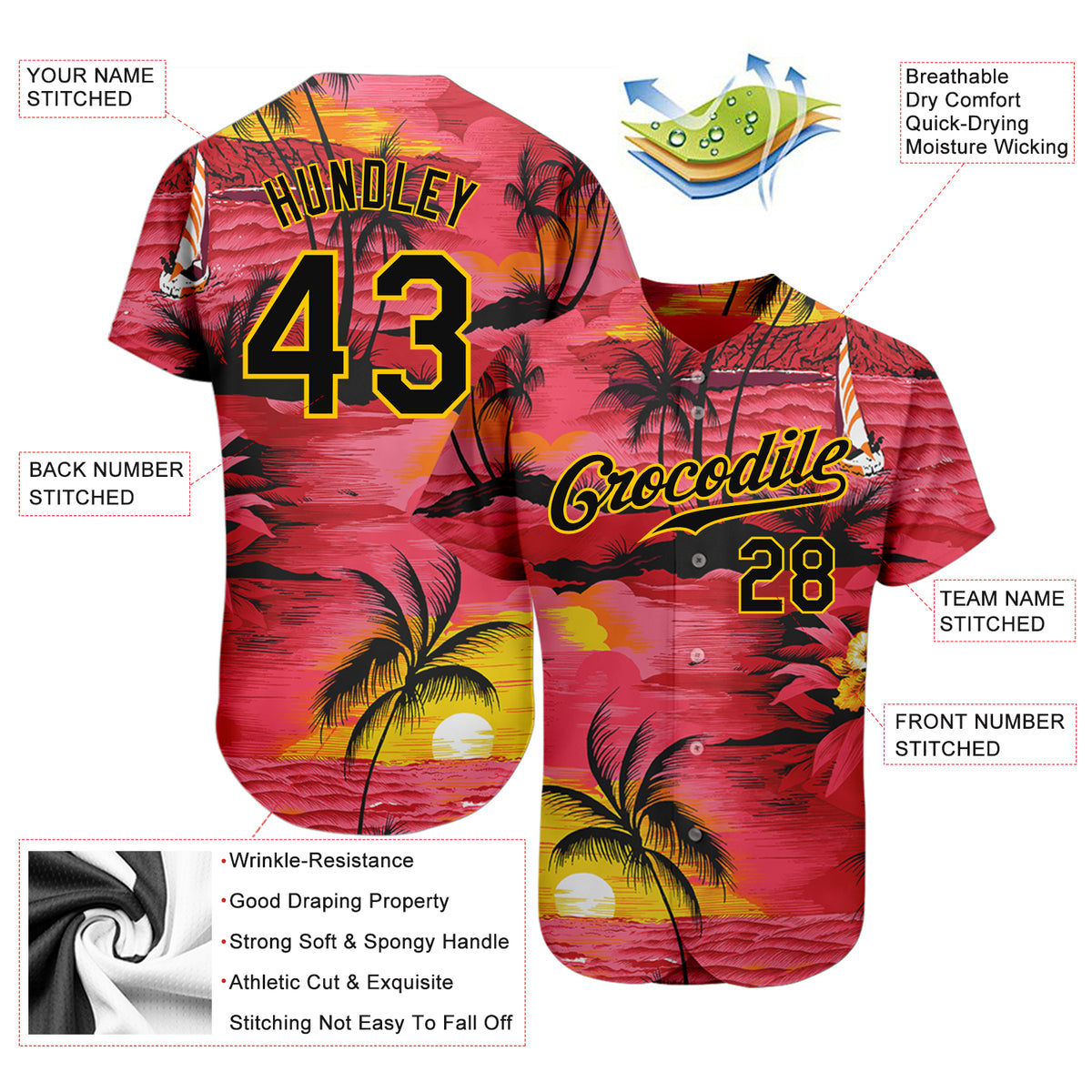 Custom Red Black-Yellow 3D Pattern Design Sun Beach Hawaii Palm Trees ...