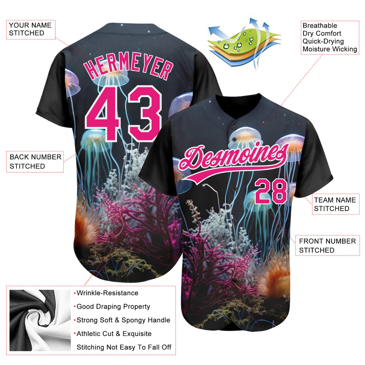 Custom Navy Hot Pink-White 3D Pattern Design Jellyfish Underwater Life ...