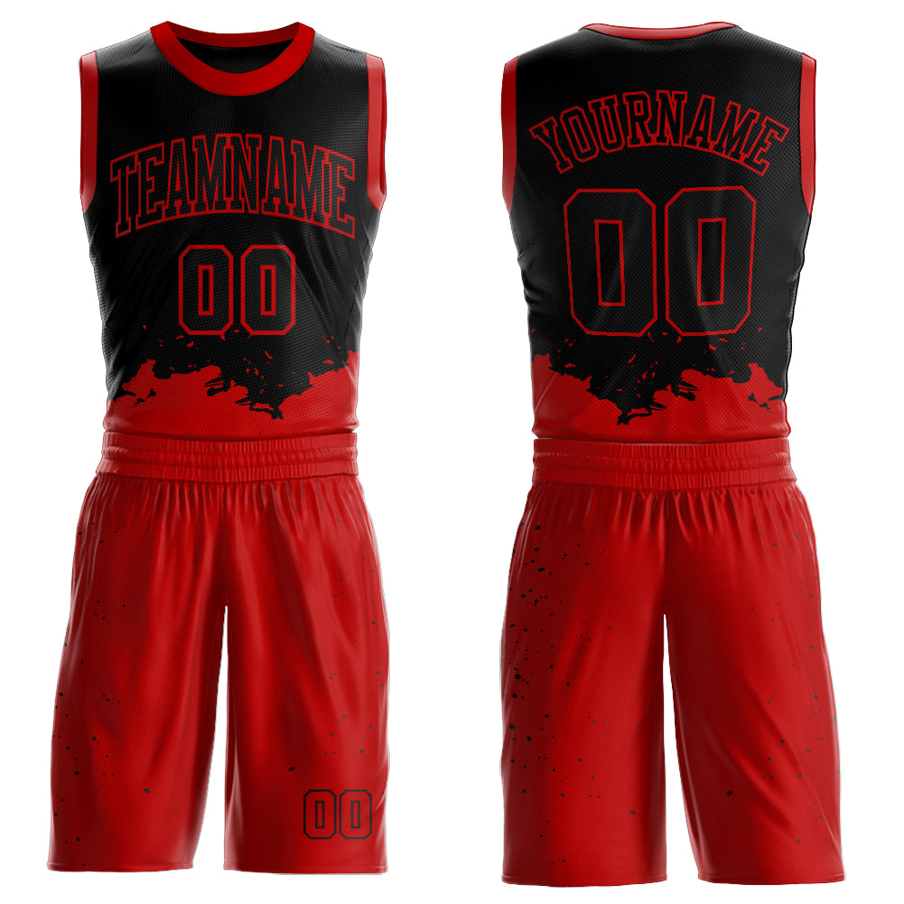 Custom Black Red Color Splash Round Neck Sublimation Basketball Suit ...