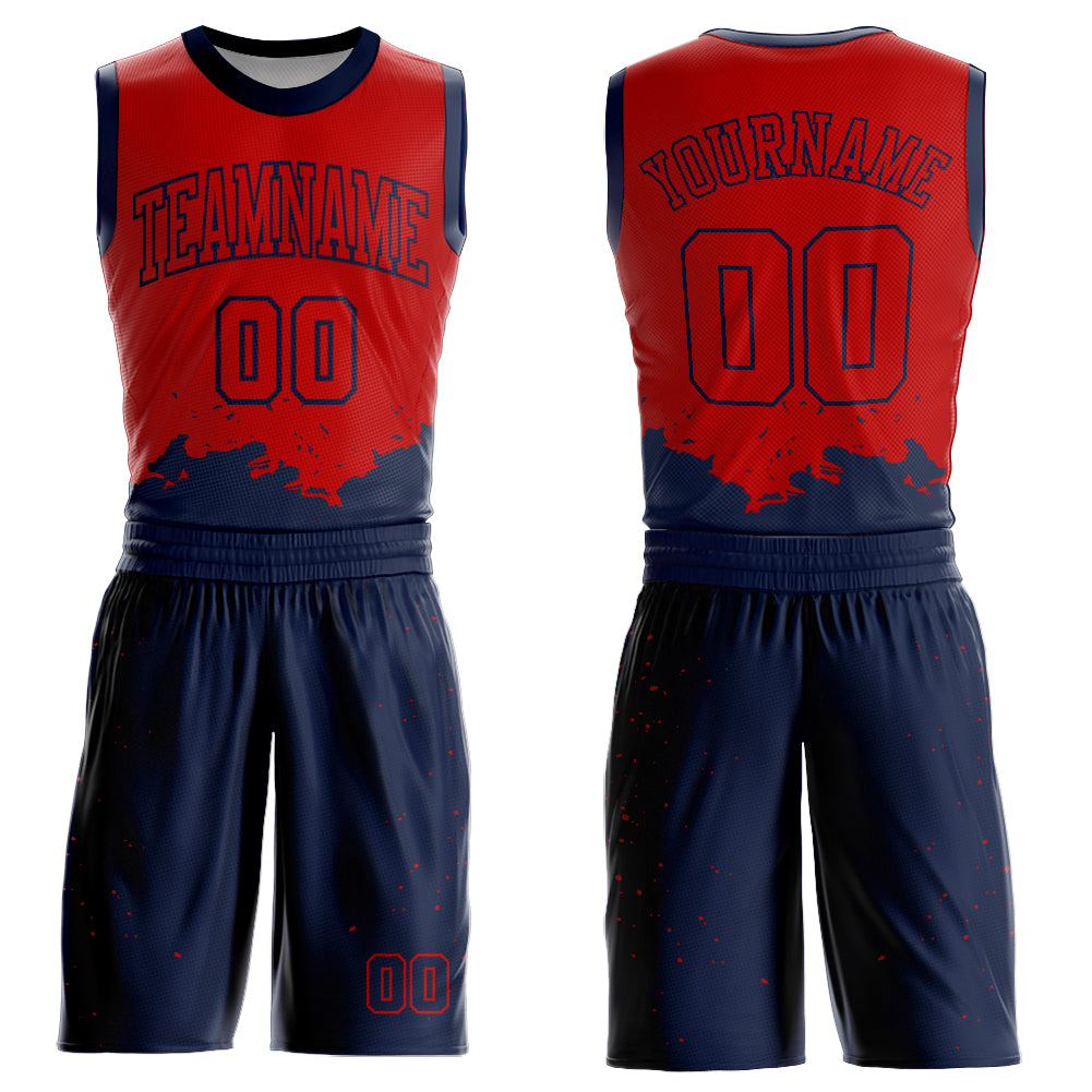 Custom Red Navy Color Splash Round Neck Sublimation Basketball Suit ...