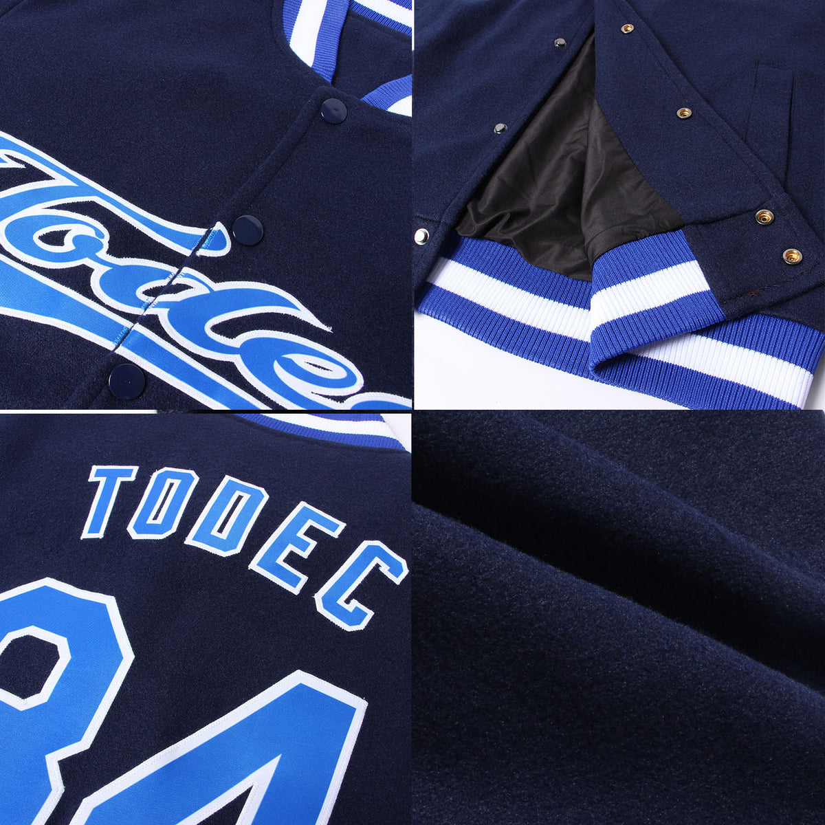Custom Navy Royal-White Bomber Full-Snap Varsity Letterman Jacket Discount
