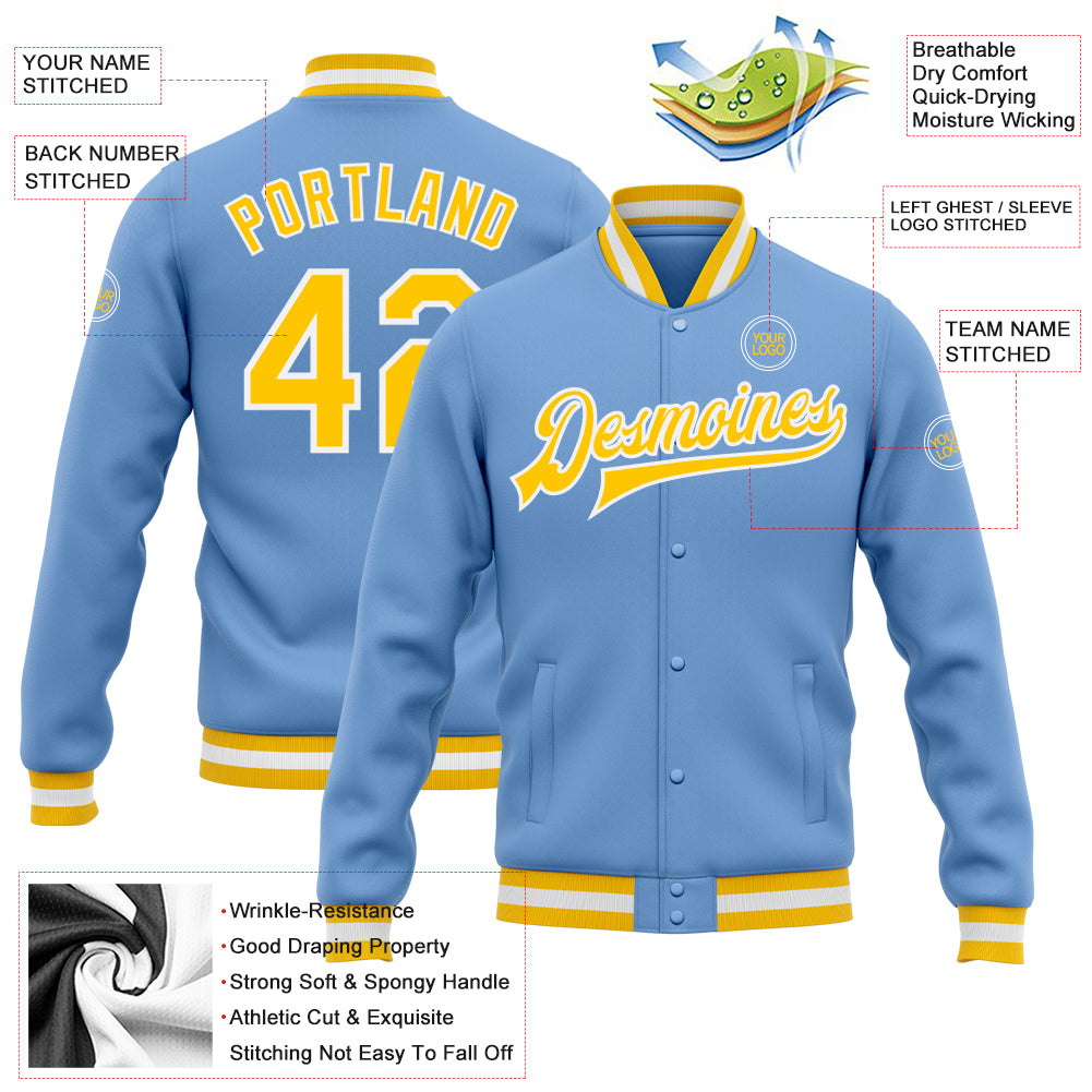 Custom Light Blue Gold-White Bomber Full-Snap Varsity Letterman Jacket ...