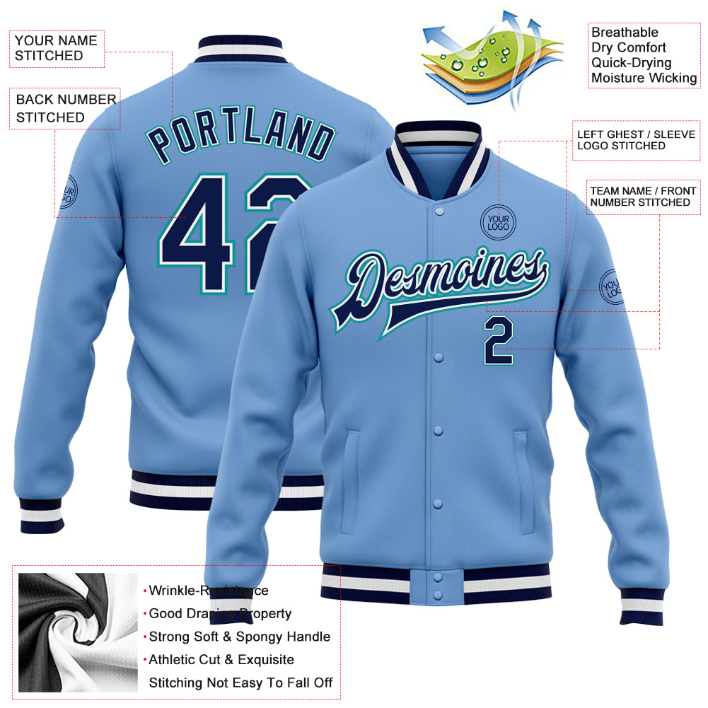 Custom Light Blue Navy-Aqua Bomber Full-Snap Varsity Letterman Jacket ...