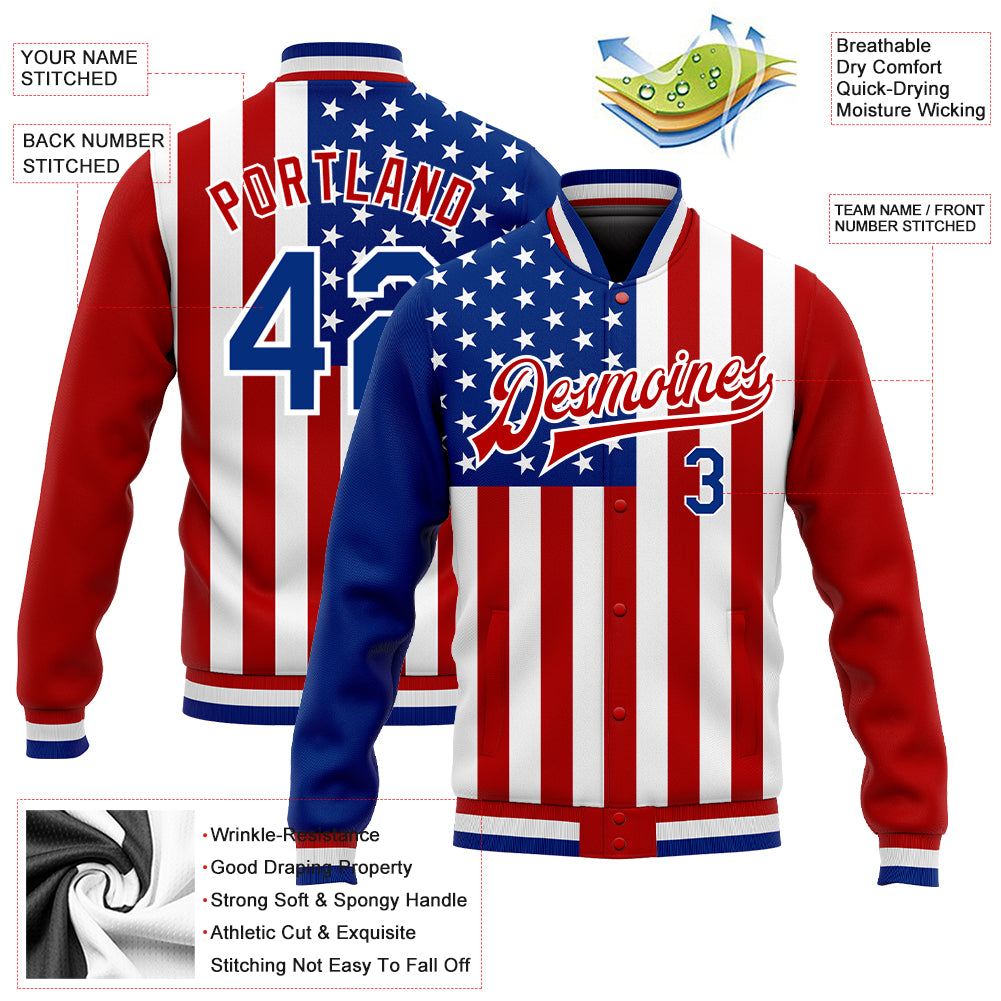Custom White Royal-Red American Flag Fashion 3D Bomber Full-Snap ...