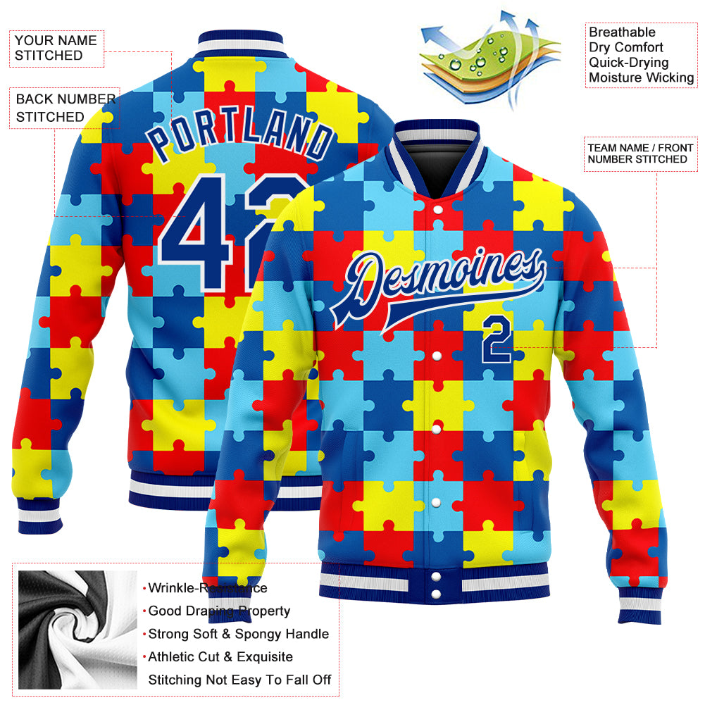 Custom Autism Awareness Puzzle Pieces Royal-White 3D Bomber Full-Snap ...