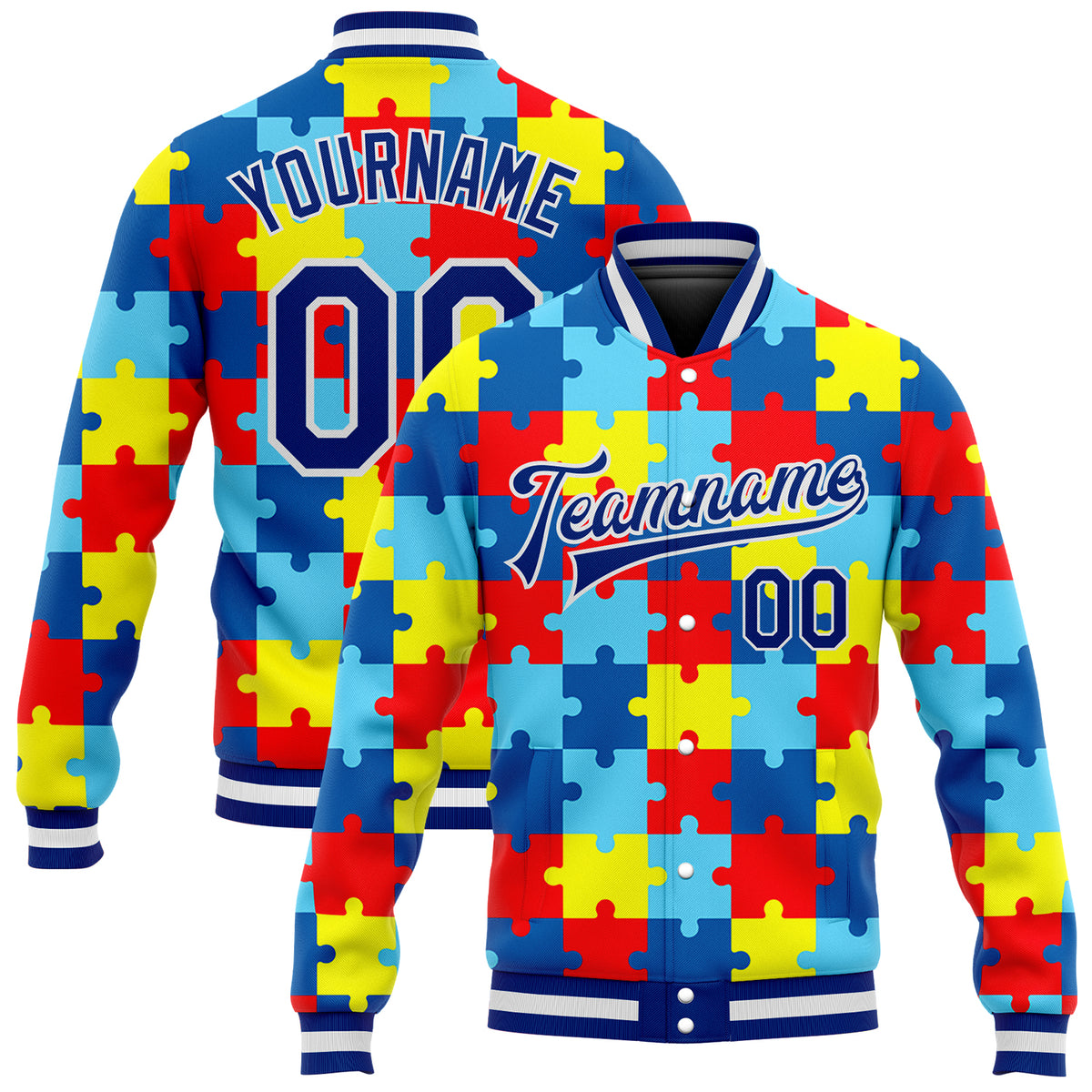 Custom Autism Awareness Puzzle Pieces Royal-White 3D Bomber Full-Snap ...