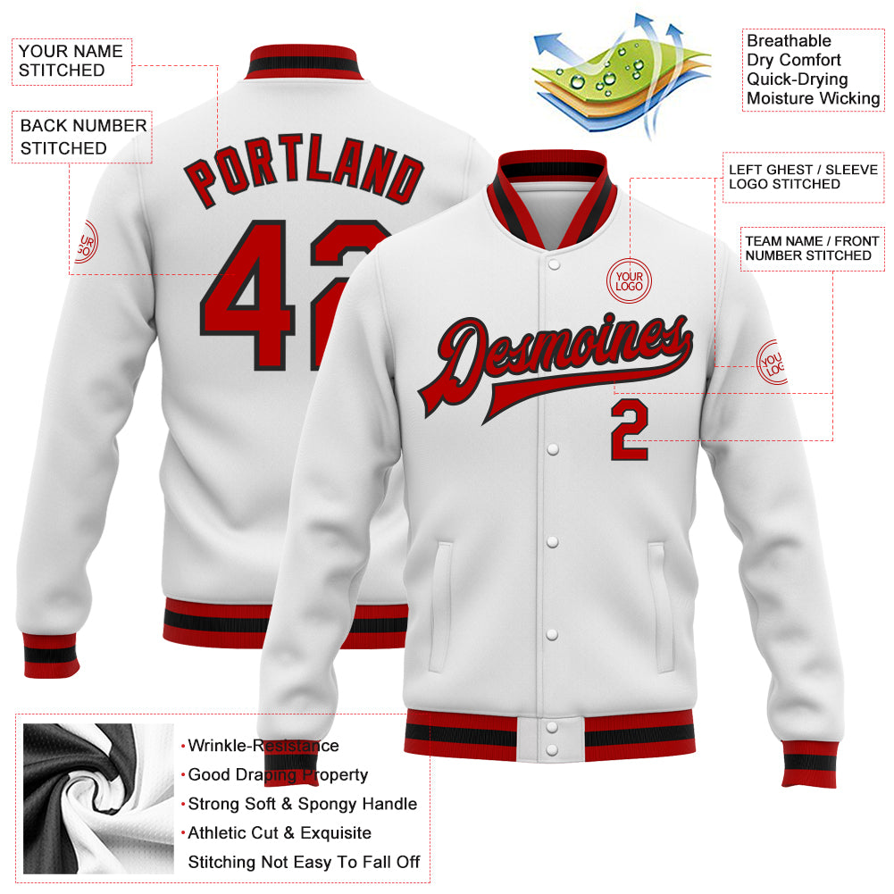 Custom White Red-Black Bomber Full-Snap Varsity Letterman Jacket Discount