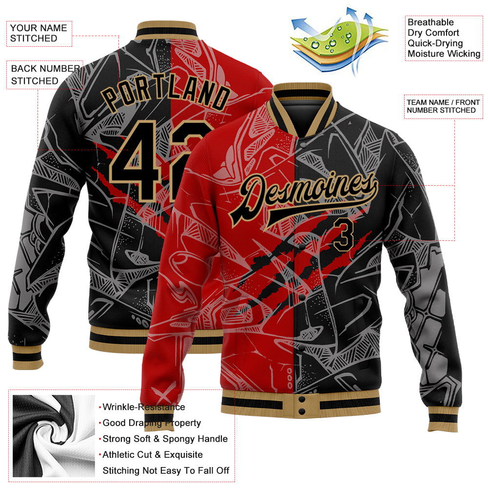 Custom Graffiti Pattern Black Red-Old Gold 3D Bomber Full-Snap Varsity ...