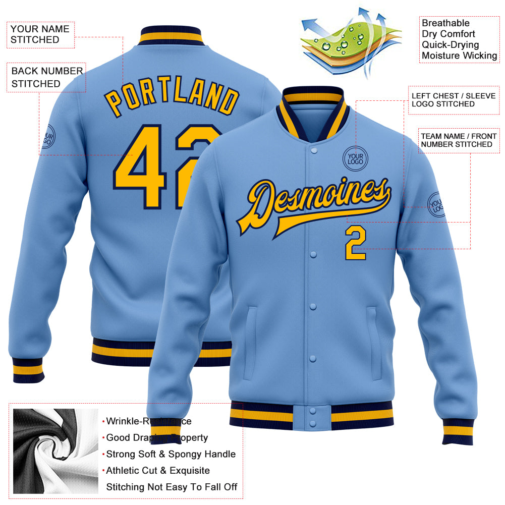 Custom Light Blue Gold-Navy Bomber Full-Snap Varsity Letterman Jacket ...