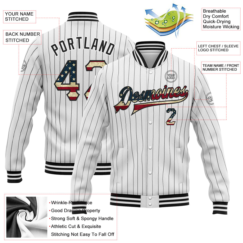 Custom White Black Pinstripe Vintage USA Flag Bomber Full-Snap Varsity ...