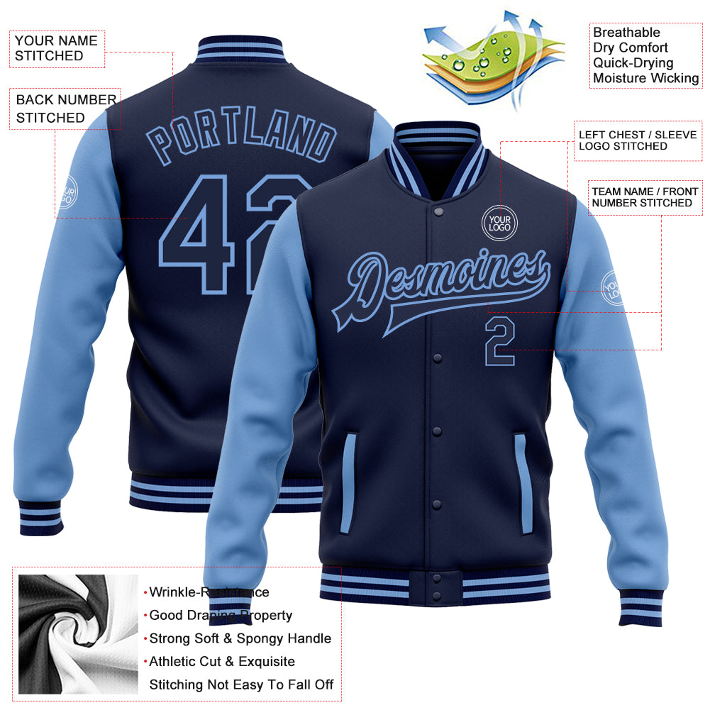 Custom Navy Light Blue Bomber Full-Snap Varsity Letterman Two Tone ...