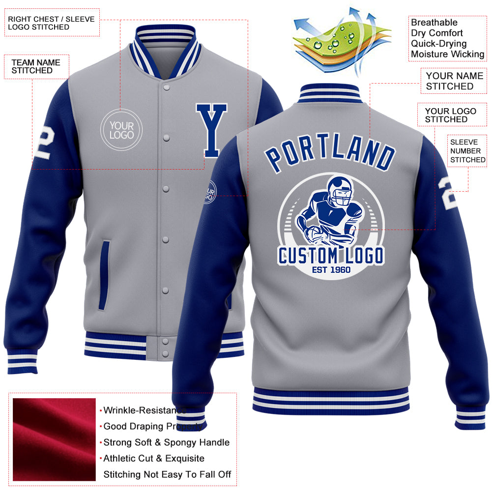 Custom Gray Royal-White Bomber Full-Snap Varsity Letterman Two Tone ...