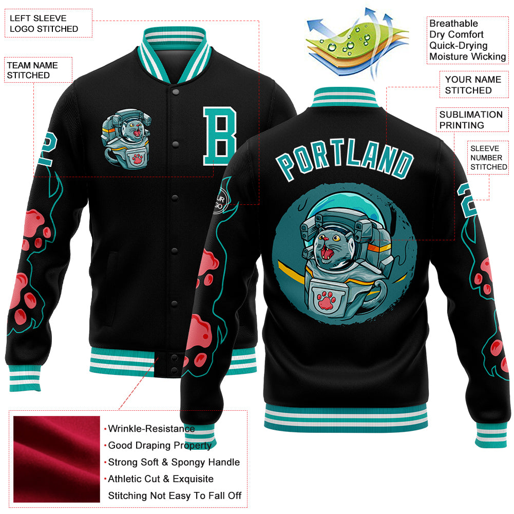 Custom Black Aqua-White Seated Cat 3D Pattern Design Bomber Full-Snap ...