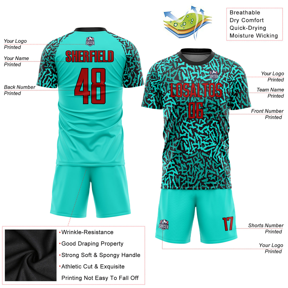 Custom Aqua Red-Black Sublimation Soccer Uniform Jersey Discount