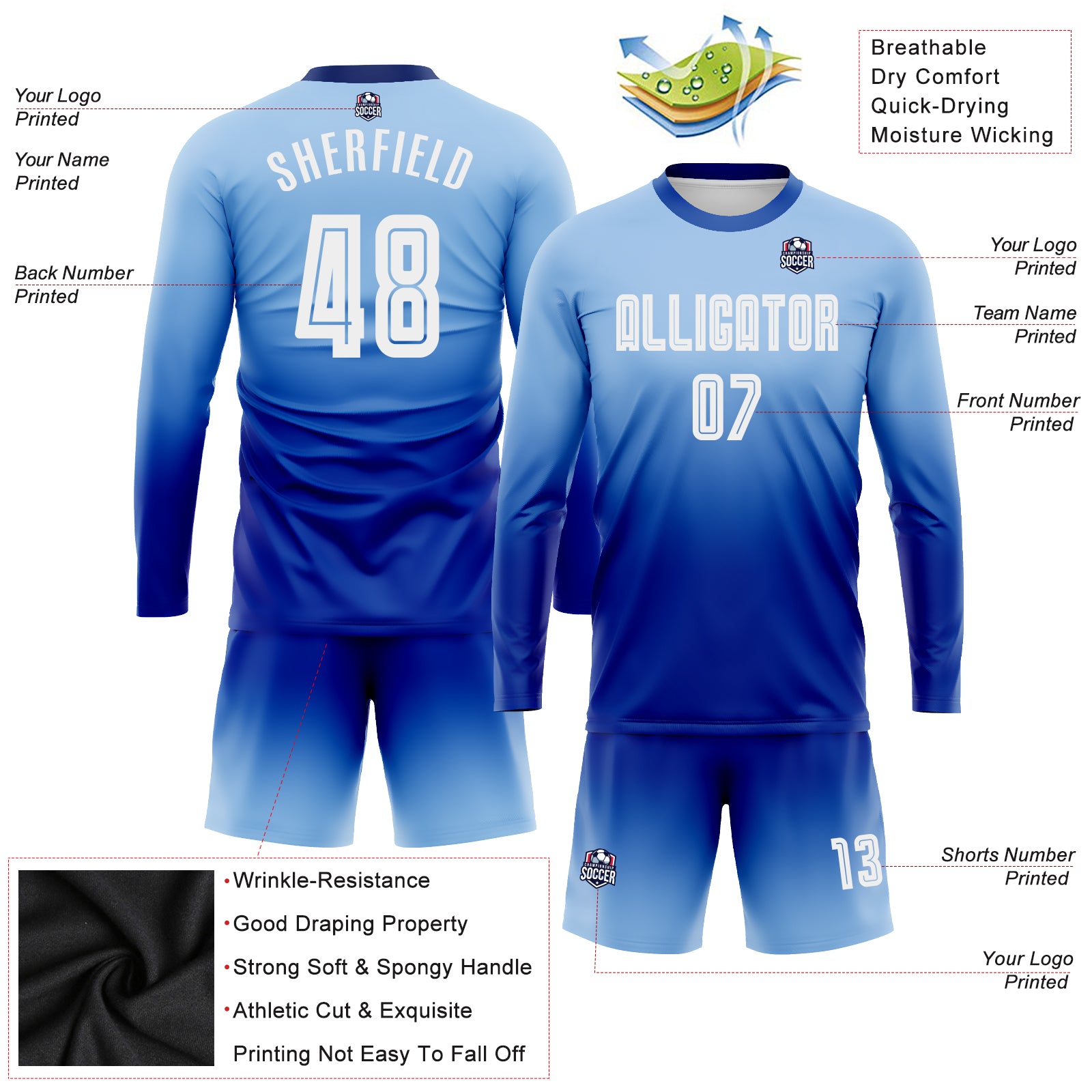 Custom Light Blue White-Royal Sublimation Long Sleeve Fade Custom Light Blue White-Royal Sublimation Long Sleeve Fade