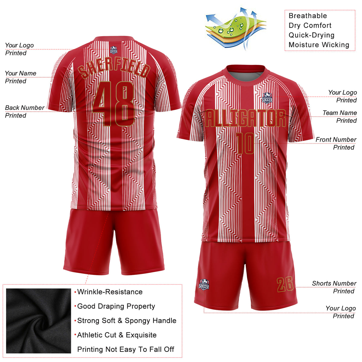Custom Red Red-Old Gold Sublimation Soccer Uniform Jersey Discount