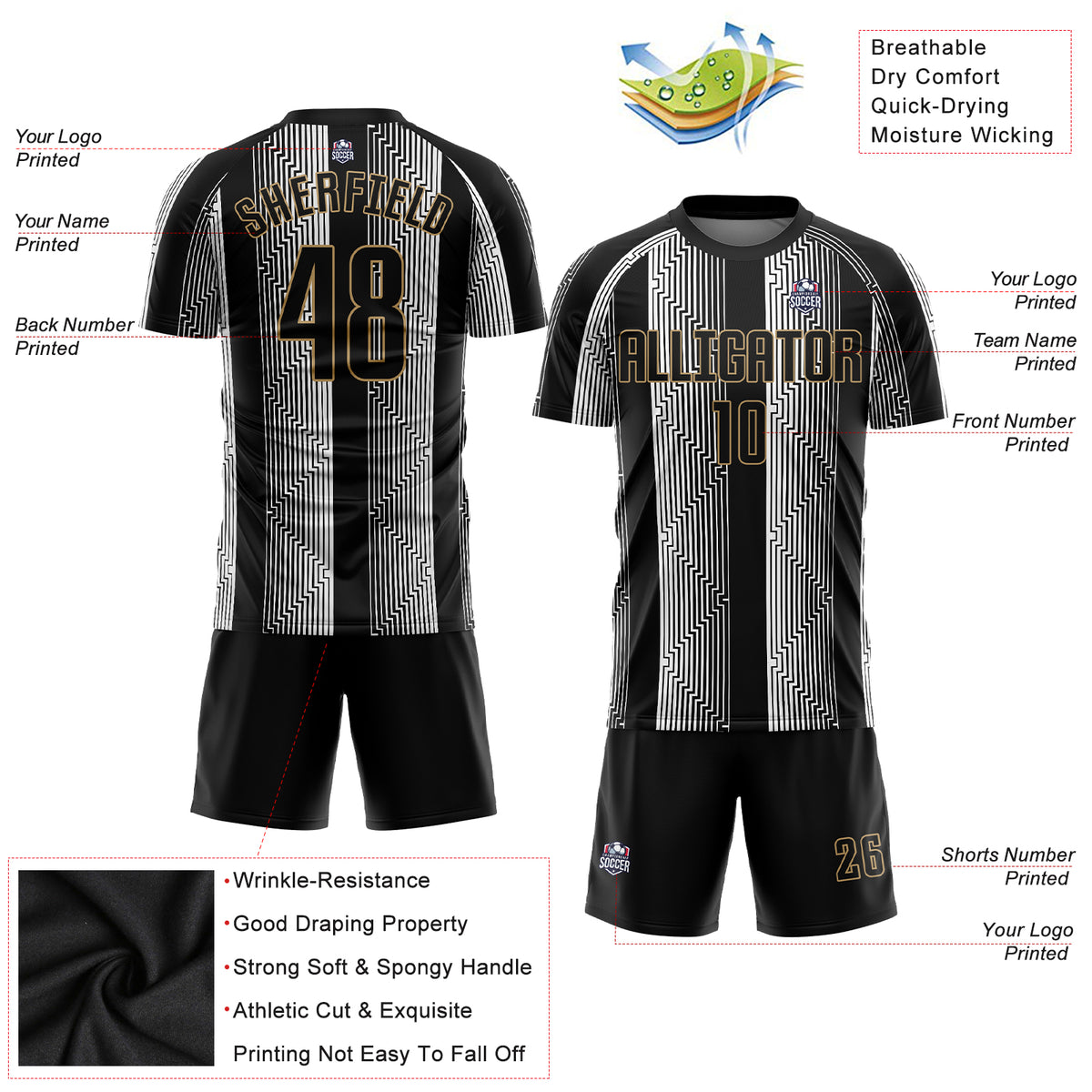 Custom Black Black-Old Gold Sublimation Soccer Uniform Jersey Discount