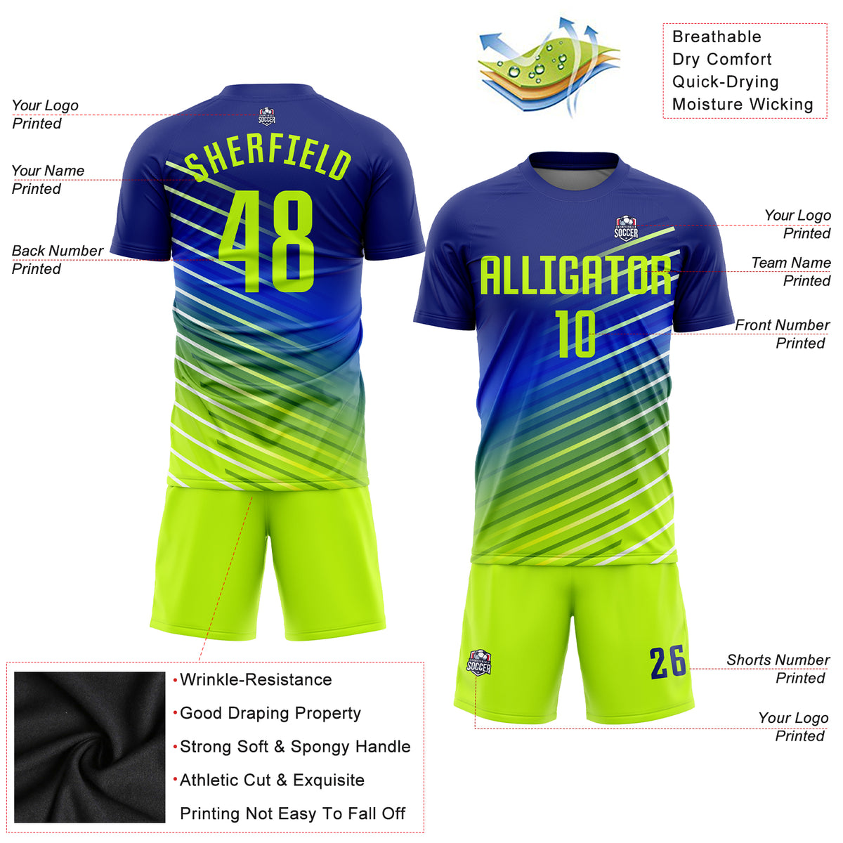 Custom Royal Neon Green Sublimation Soccer Uniform Jersey Discount
