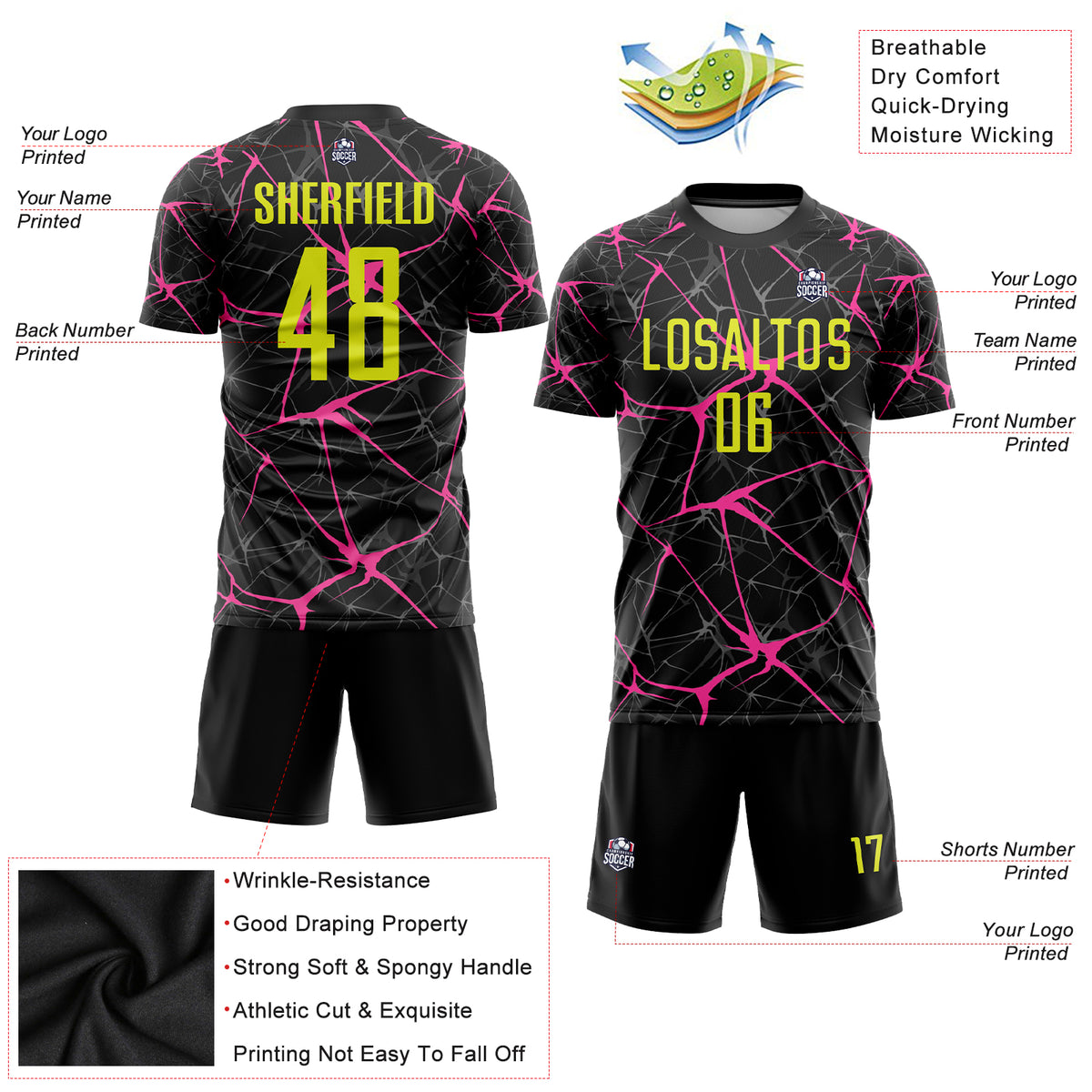 Custom Black Neon Yellow-Pink Sublimation Soccer Uniform Jersey Discount