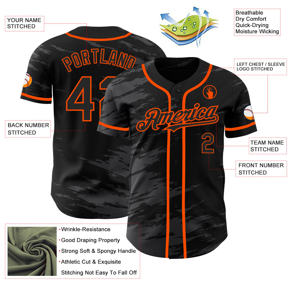 Custom Black Steel Gray Splash Ink Orange Authentic Baseball Jersey ...