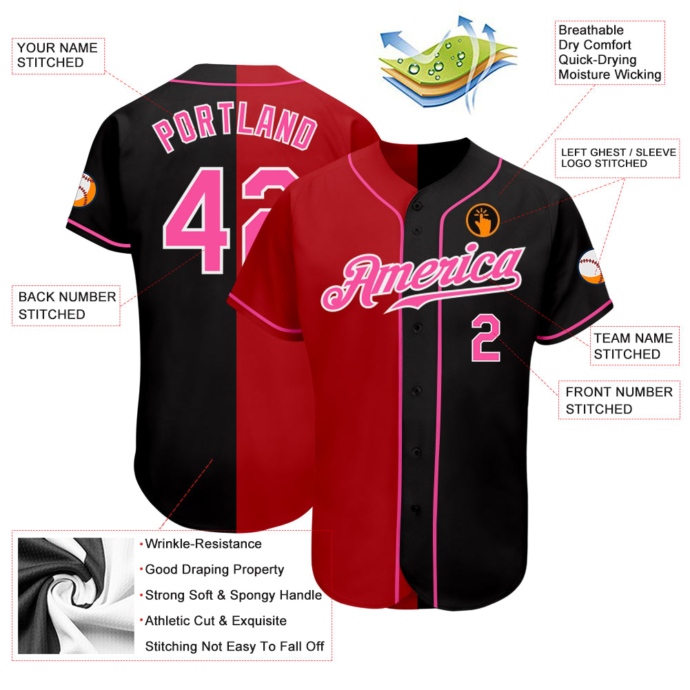 Custom Black Pink Red-White Authentic Split Fashion Baseball Jersey ...