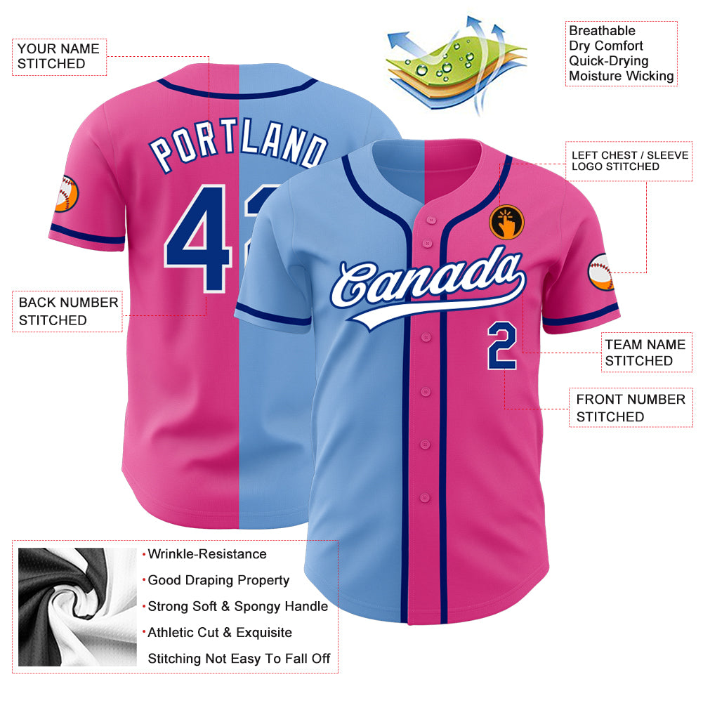 Custom Pink Royal-Light Blue Authentic Split Fashion Baseball Jersey ...