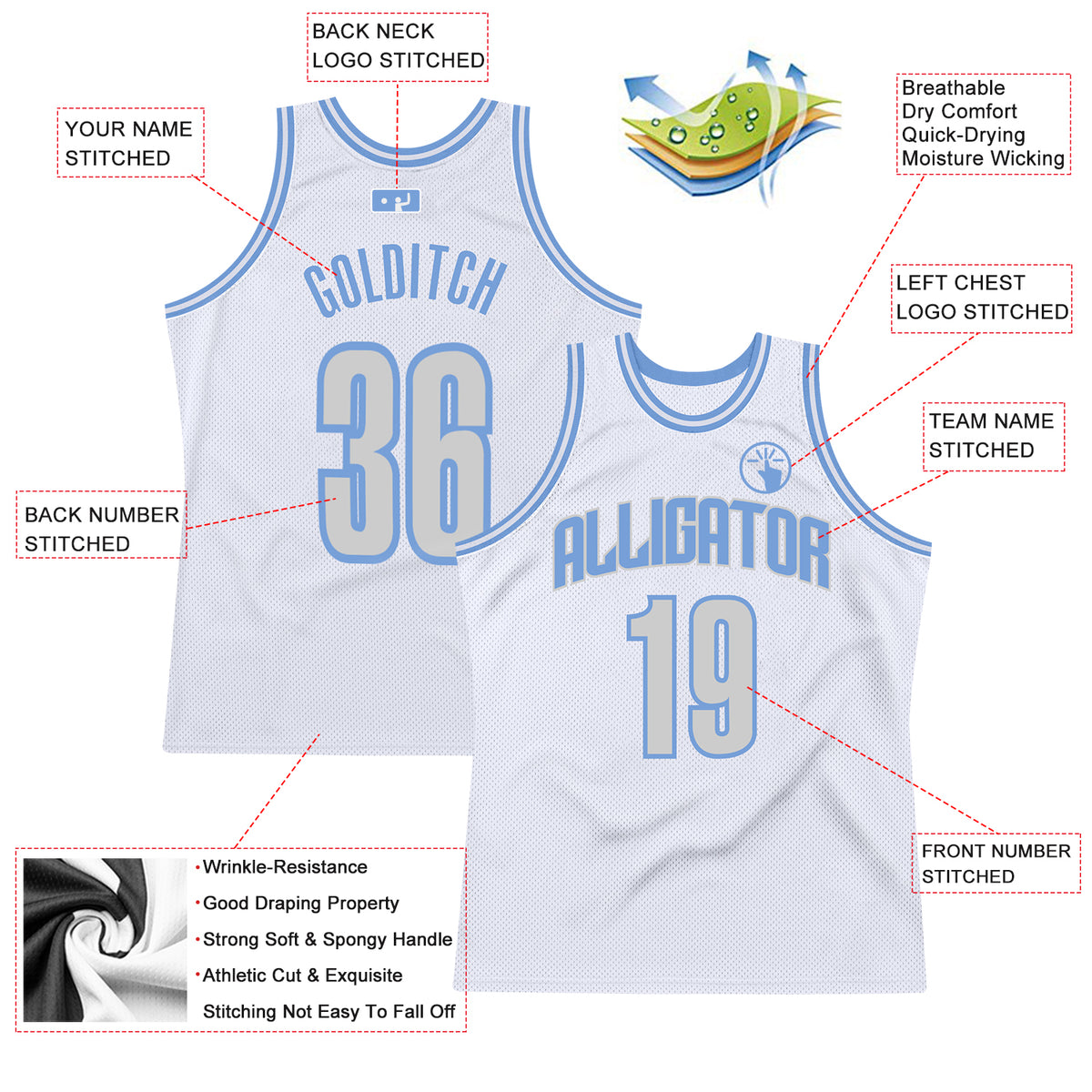 Custom Team Light Blue Basketball White Rib-Knit Jersey Gray